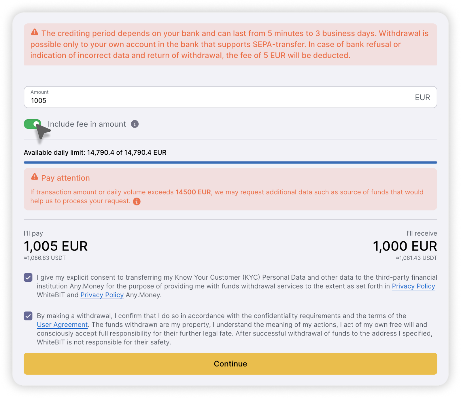 Comisión fija y porcentaje en moneda nacional – WhiteBIT